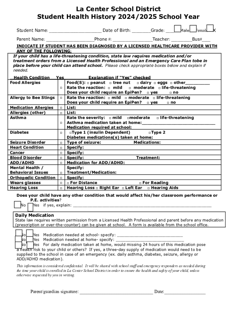 Fillable Online La Center School District Student Health History 2024/ ...
