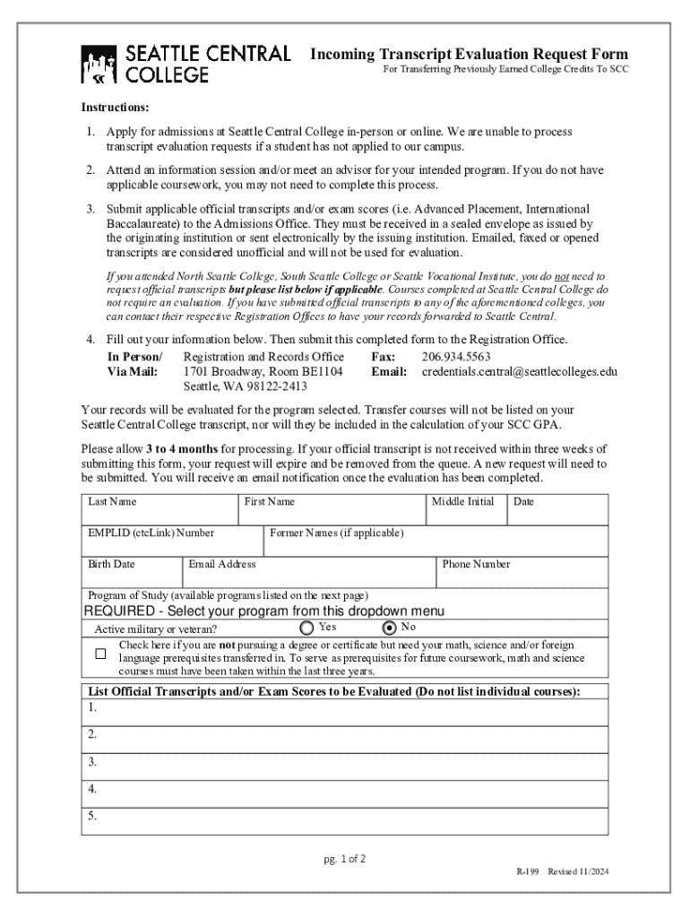 Fillable Online Incoming Transcript Evaluation Request Form Fax Email ...