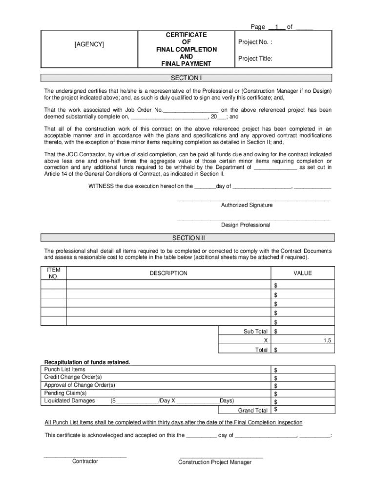 Fillable Online Certificate of Final Completion and Final Payment Fax ...