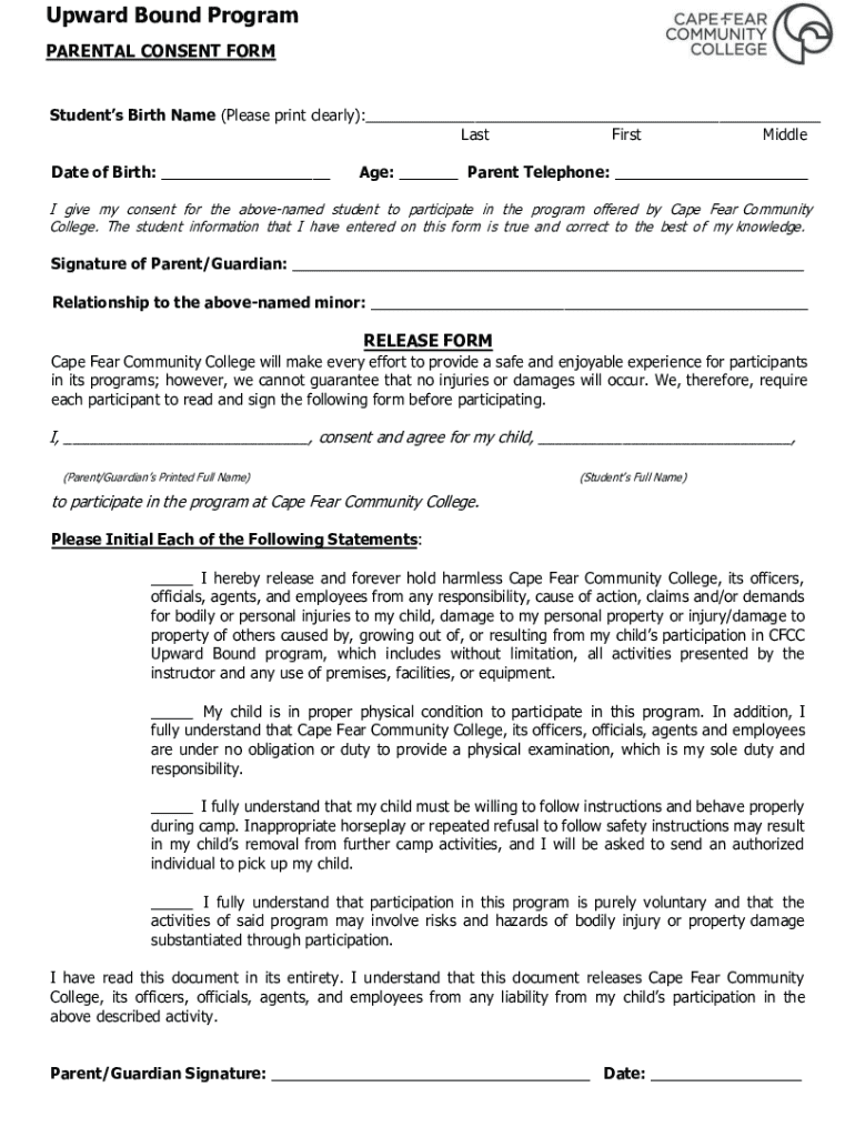 Fillable Online Upward Bound Program - Parental Consent Form Fax Email Print - pdfFiller