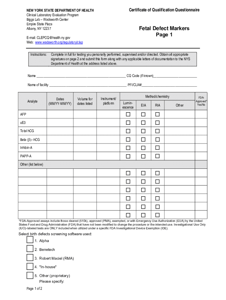 Fillable Online Certificate of Qualification Questionnaire - Fetal ...