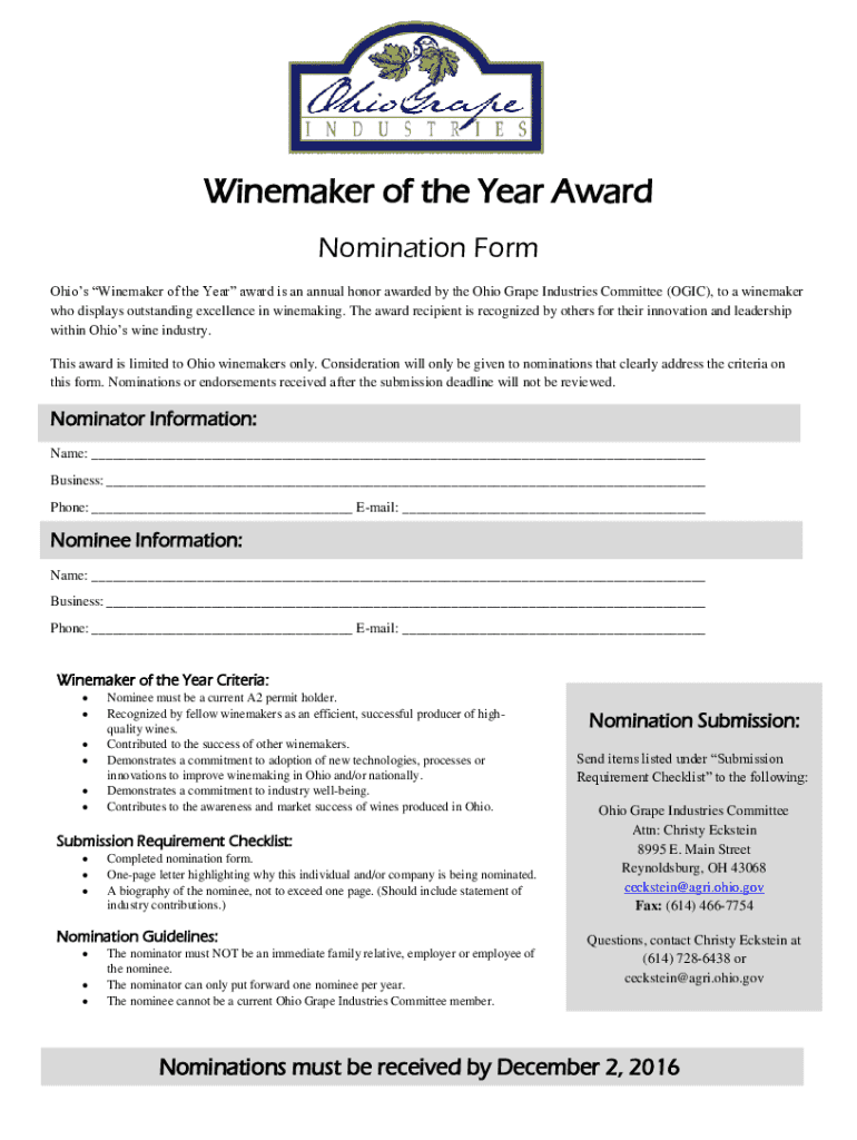 Fillable Online Winemaker of the Year Award Fax Email Print - pdfFiller