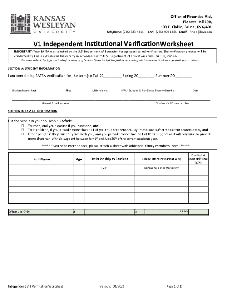 Fillable Online V1 Independent Institutional Verification Worksheet Fax Email Print - pdfFiller