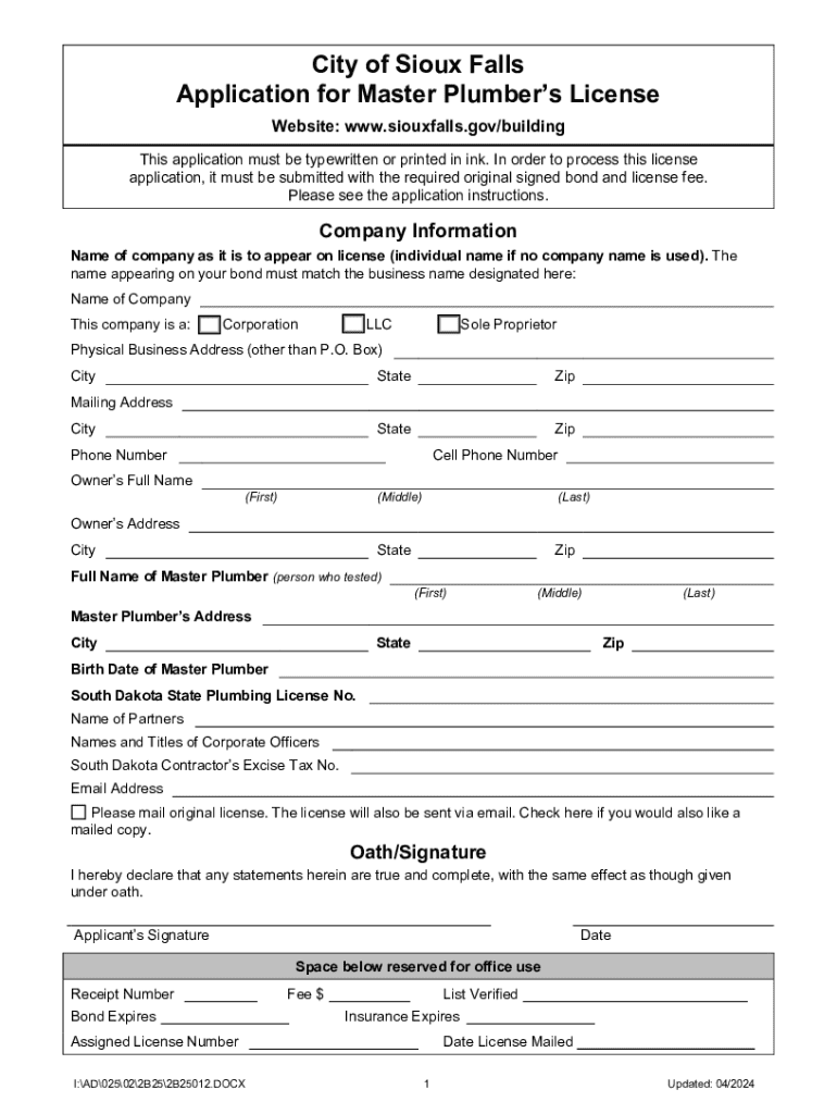 Fillable Online City of Sioux Falls Master Plumber’s License ...