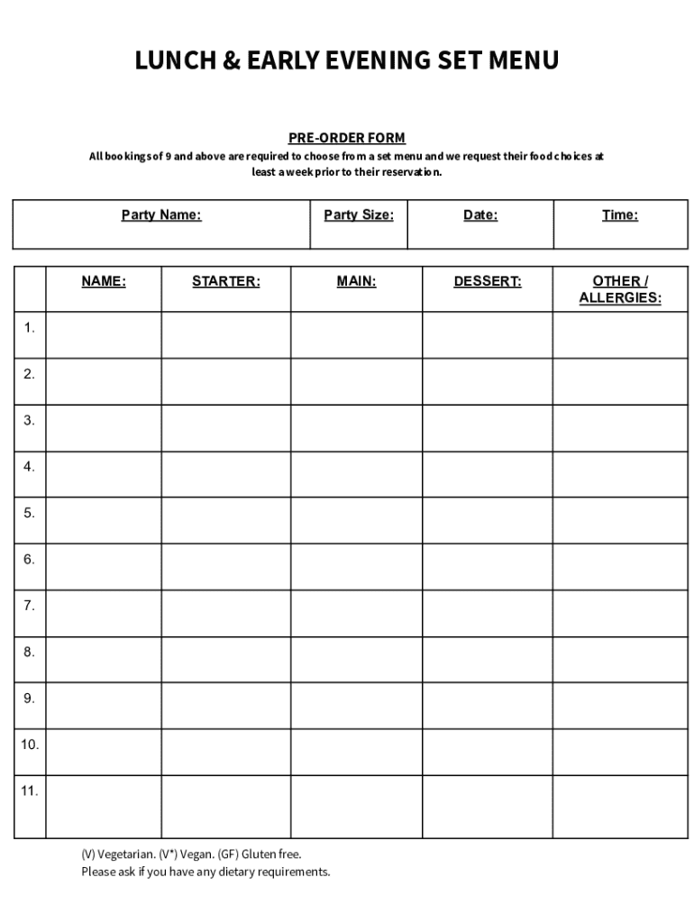 Fillable Online Lunch & Early Evening Set Menu Fax Email Print - pdfFiller
