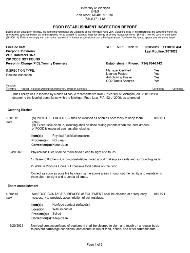Fillable Online University of Michigan Food Establishment Inspection ...