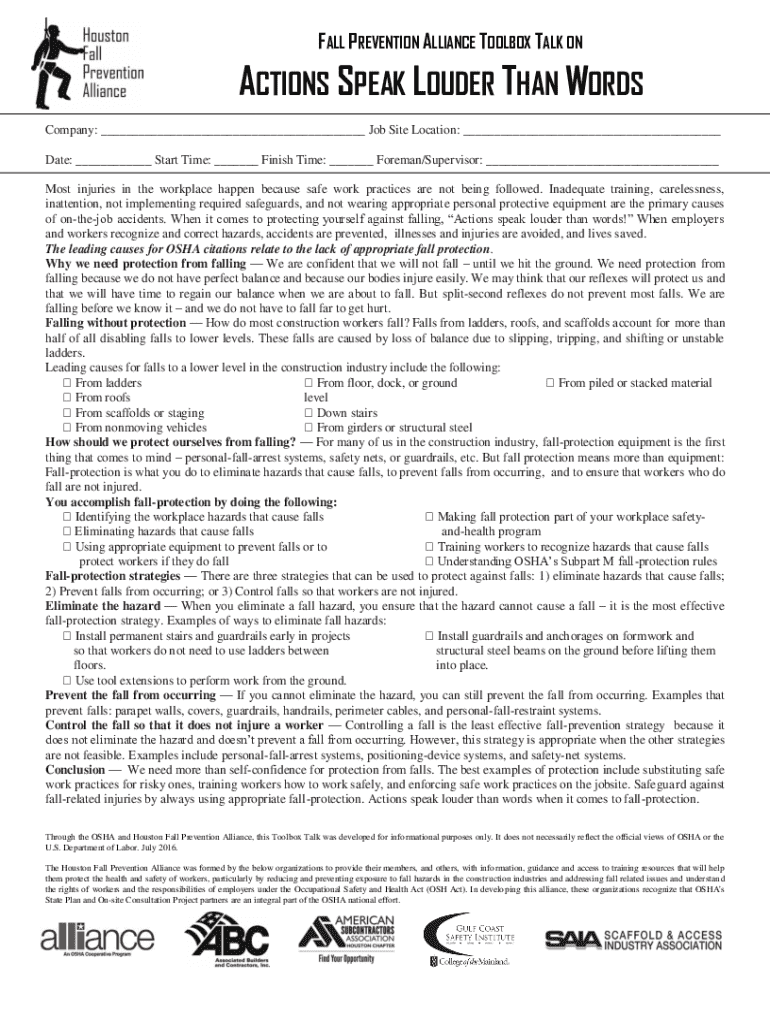Fillable Online Fall Prevention Toolbox Talk Fax Email Print - pdfFiller