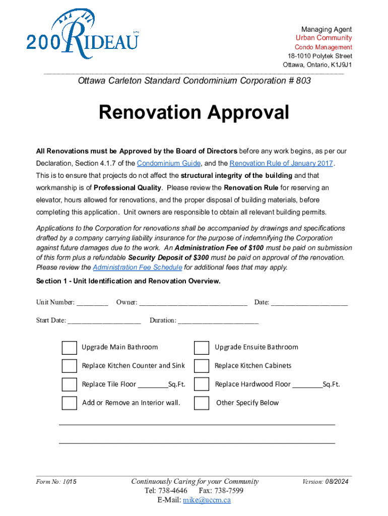 Fillable Online Ottawa Carleton Standard Condominium Corporation # 803 - Renovation Approval Fax ...