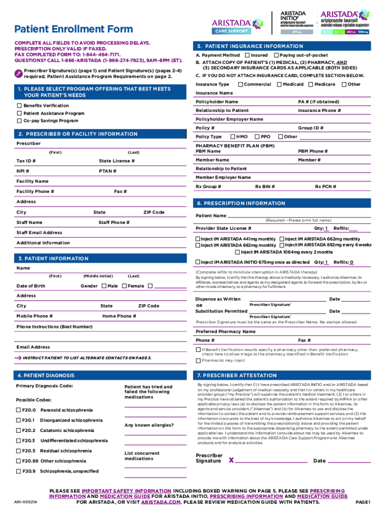 Fillable Online Patient Enrollment Form for Aristada Initio Fax Email ...