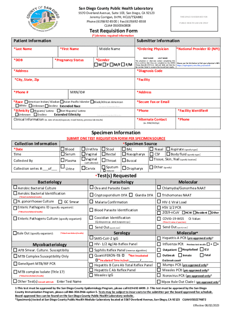 Fillable Online San Diego County Public Health Laboratory Test ...
