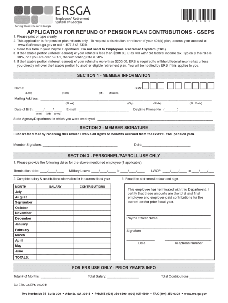 Fillable Online Application for Refund of Pension Plan Contributions Fax Email Print - pdfFiller