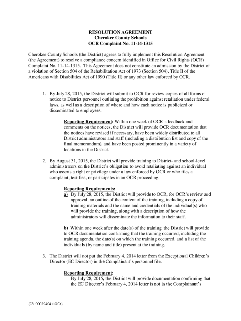 Fillable Online Cherokee County Schools Ocr Complaint No. 11-14-1315 ...