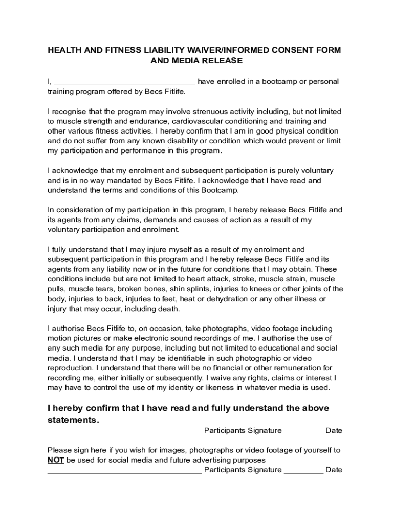 Fillable Online Health and Fitness Liability Waiver Fax Email Print - pdfFiller