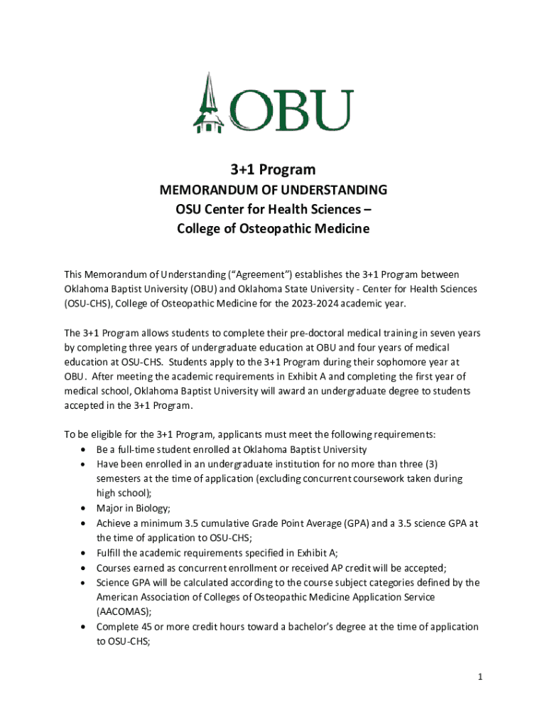 Fillable Online Memorandum of Understanding for the 3+1 Program Fax Email Print - pdfFiller