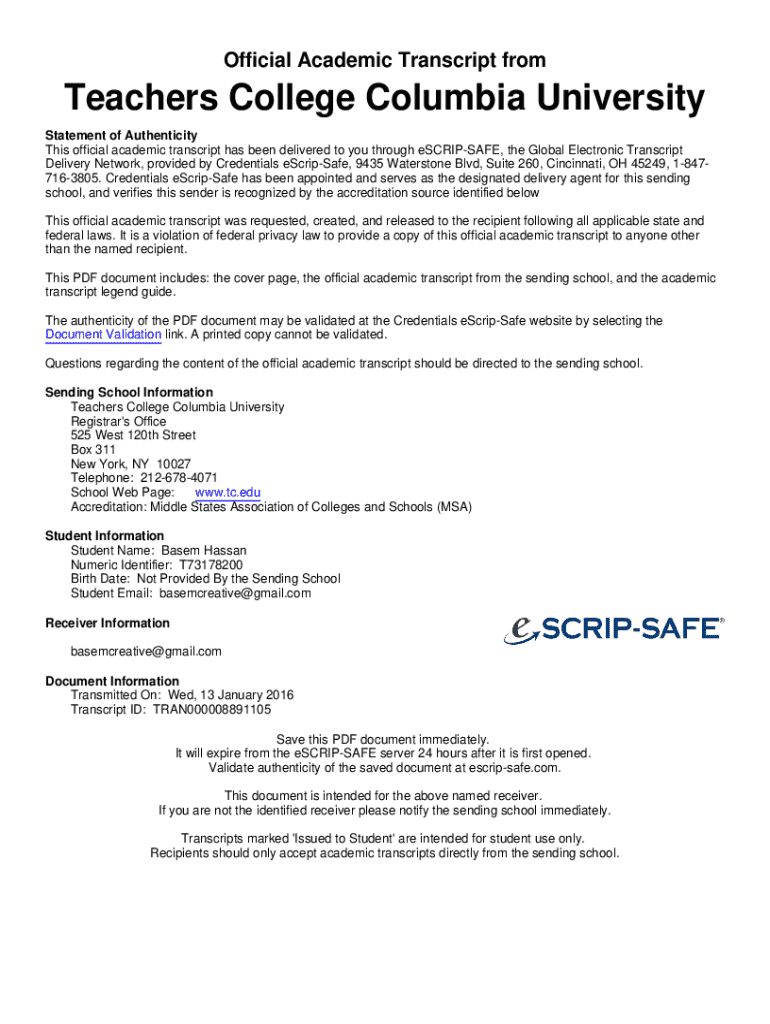 Fillable Online Official Academic Transcript From Teachers College ...