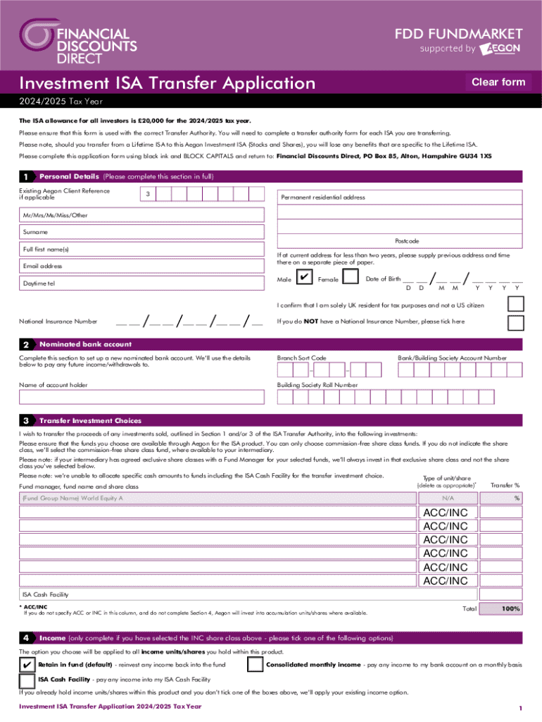 Fillable Online Fdd Fundmarket Investment Isa Transfer Application 2024 ...