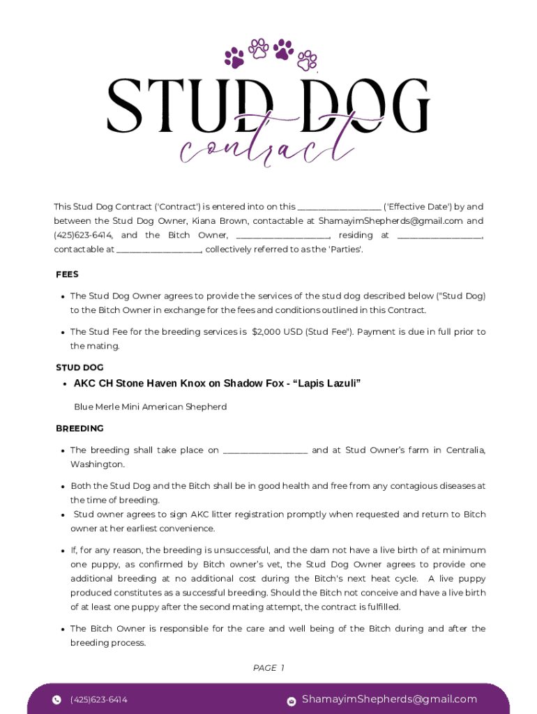 Fillable Online Stud Dog Breeding Agreement Fax Email Print - pdfFiller
