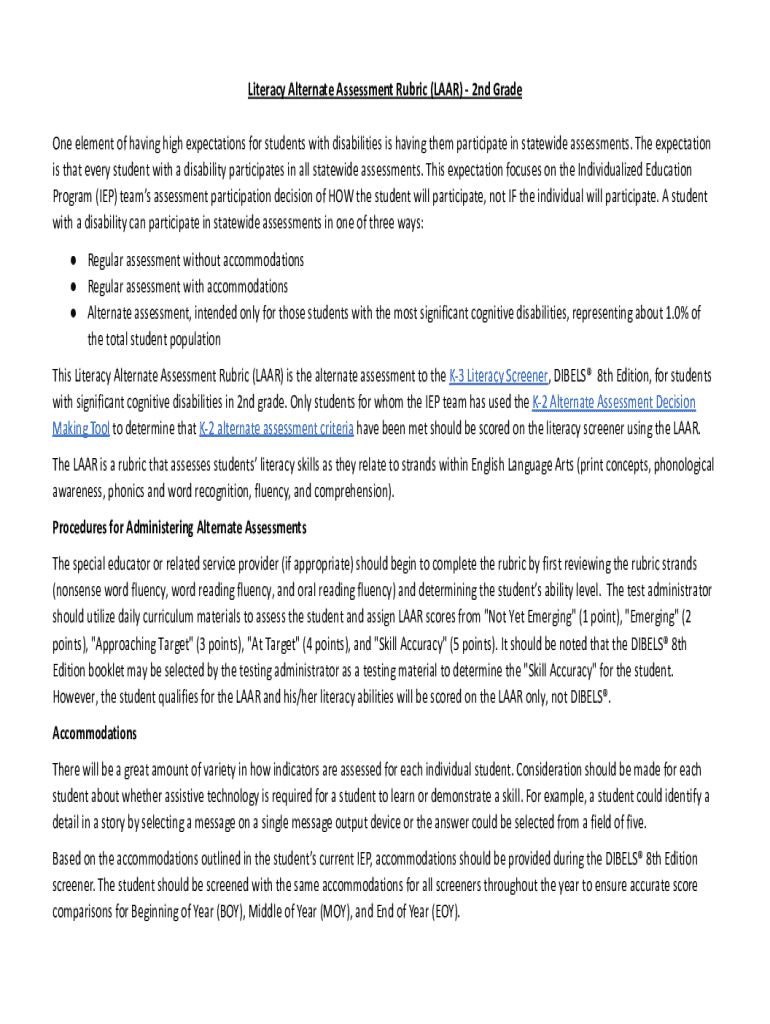 Fillable Online Literacy Alternate Assessment Rubric (LAAR) - 2nd Grade ...