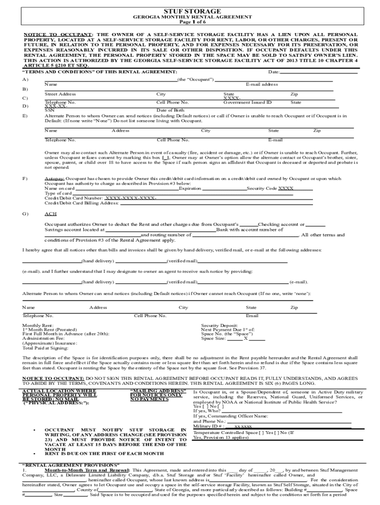 Fillable Online Self-service Storage Rental Agreement Fax Email Print ...