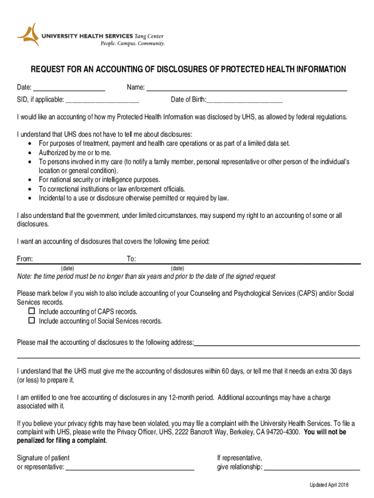 Fillable Online Request for an Accounting of Disclosures of Protected ...