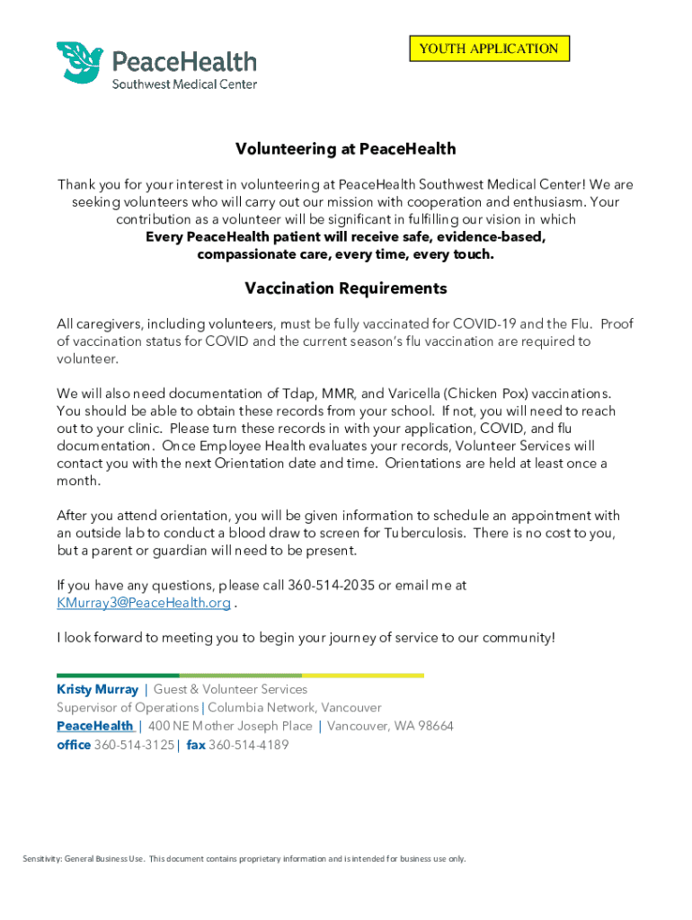 Fillable Online Youth Volunteer Application at Peacehealth Fax Email ...