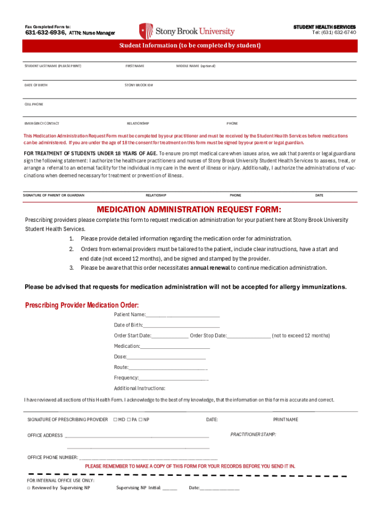 Fillable Online Student Health Services Medication Administration ...