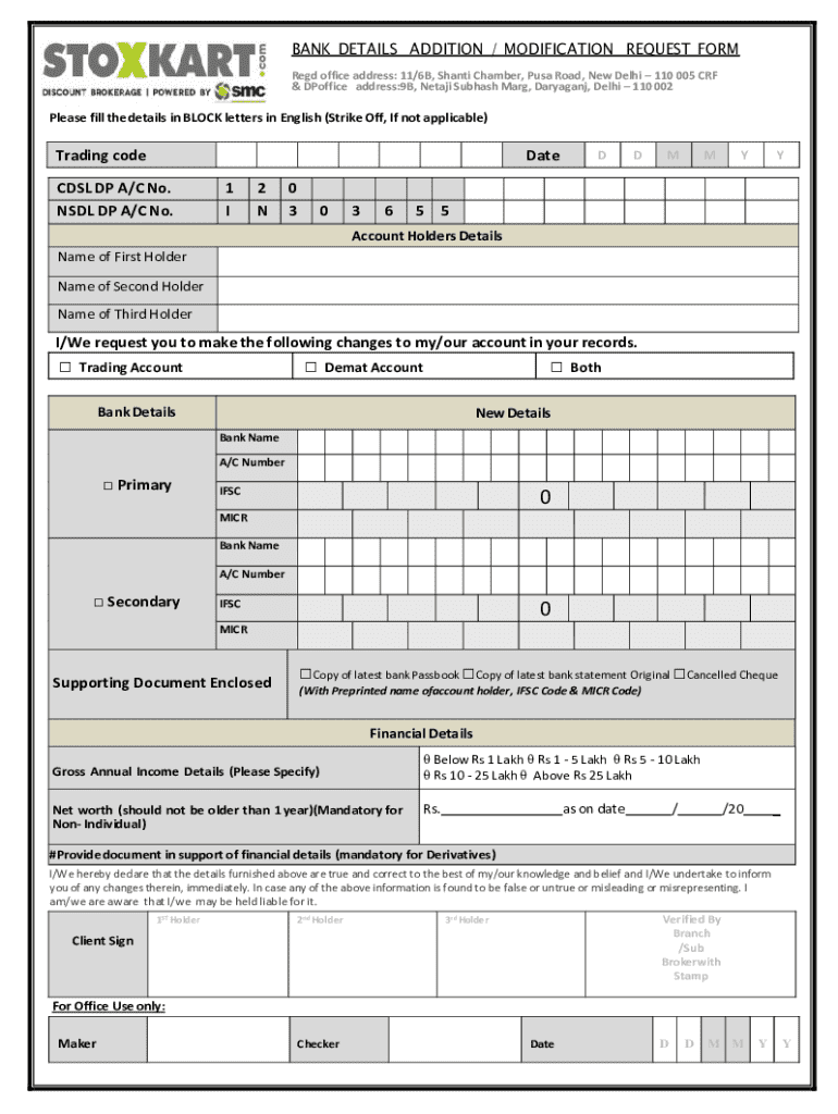 Fillable Online Bank Details Addition / Modification Request Fax Email ...