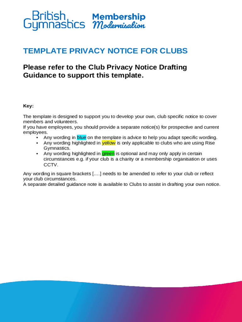 TEMPLATE PRIVACY NOTICE FOR CLUBS Doc Template | pdfFiller