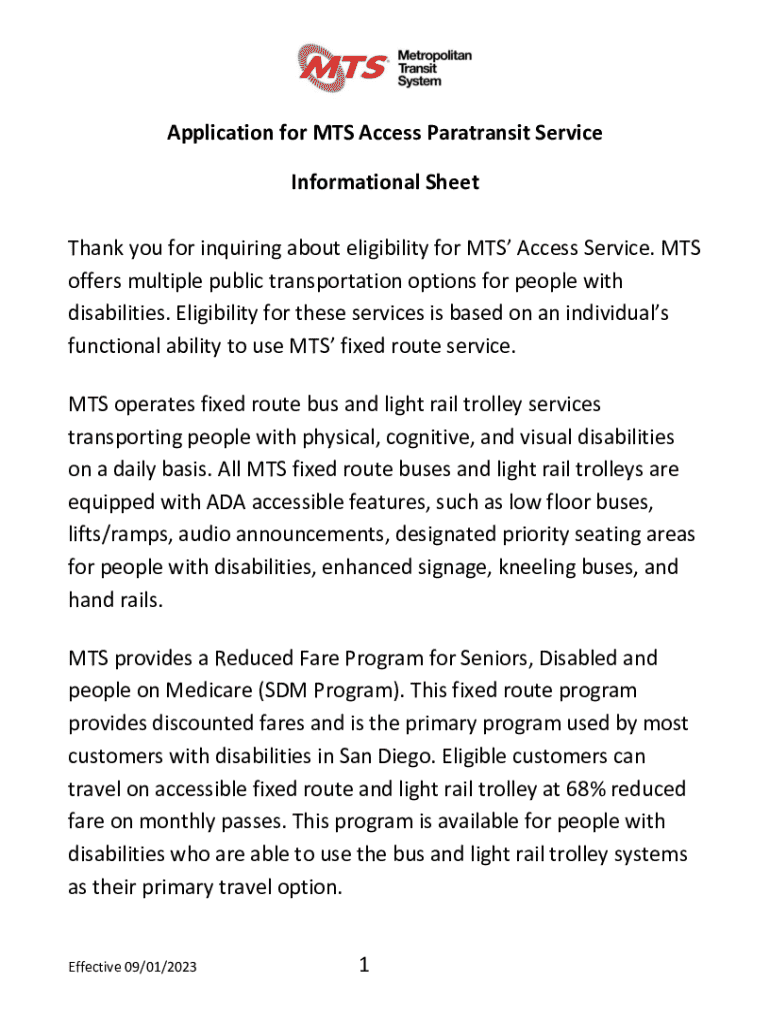 Fillable Online Application for Mts Access Paratransit Service Fax ...
