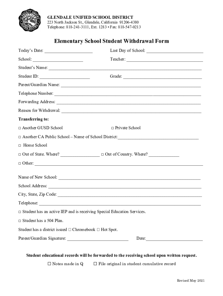 Fillable Online Elementary School Student Withdrawal Form Fax Email ...