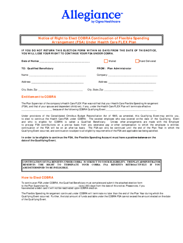 Fillable Online Notice of Right to Elect Cobra Continuation of Flexible ...