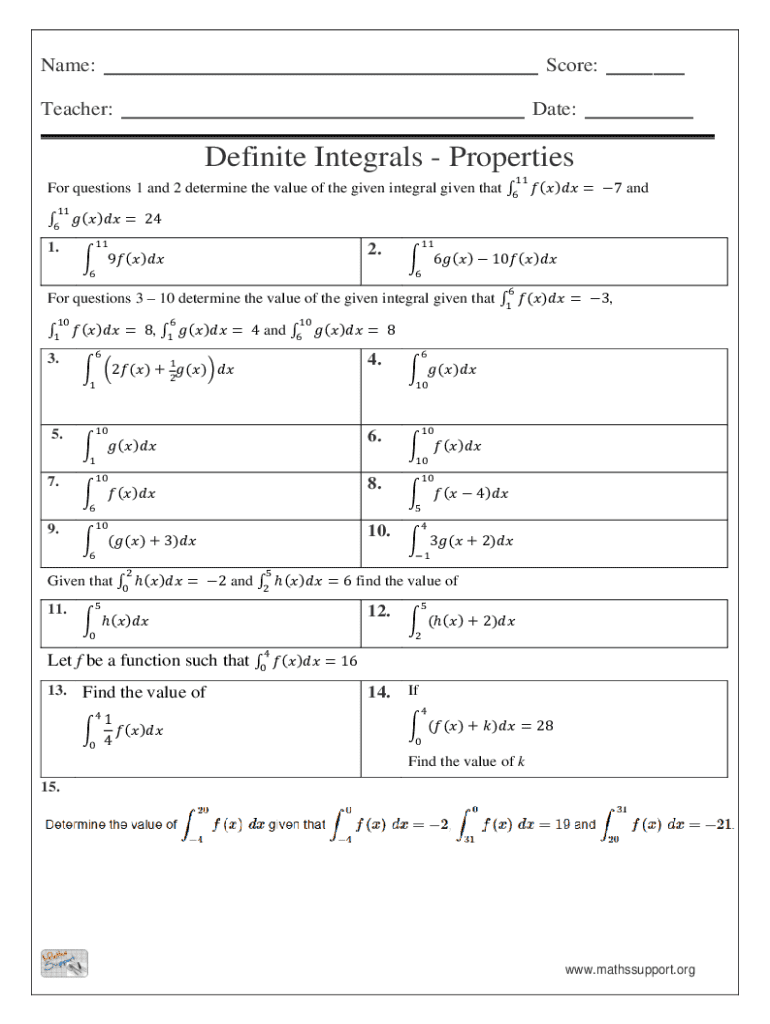 Fillable Online Definite Integrals - Properties Fax Email Print - pdfFiller
