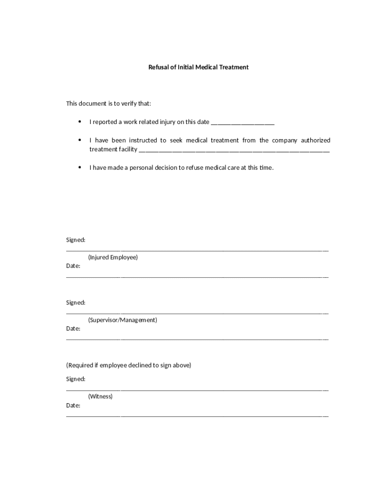 Refusal of Initial Medical Treatment Doc Template | pdfFiller
