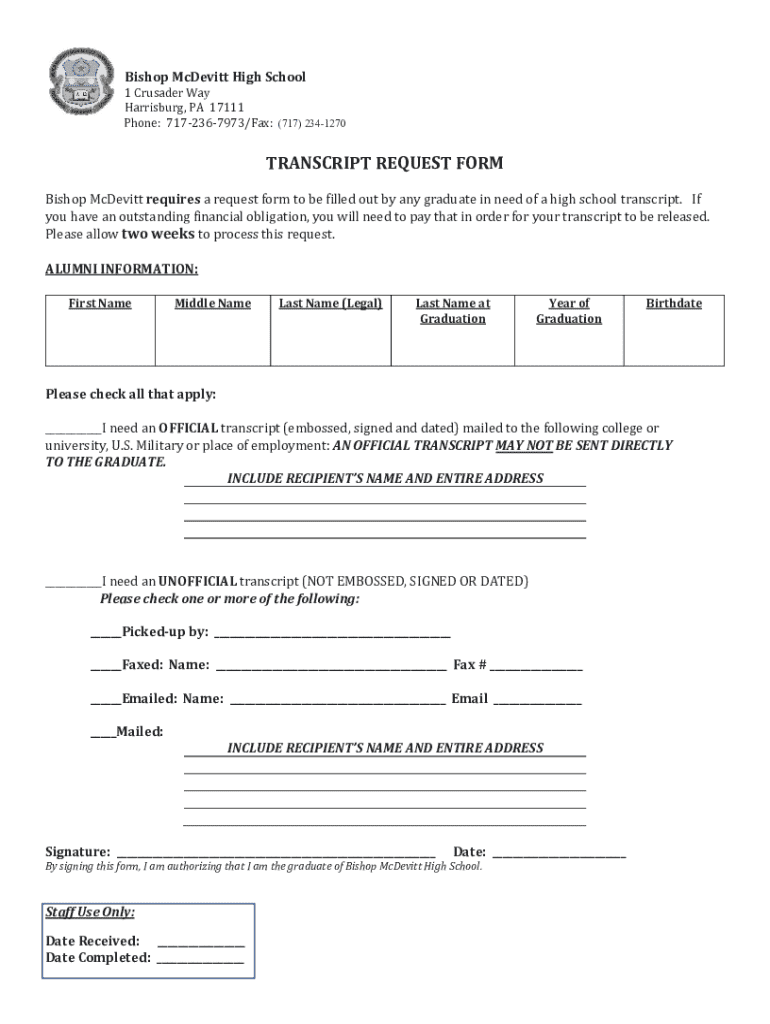 Fillable Online Bishop Mcdevitt High School Transcript Request Fax ...