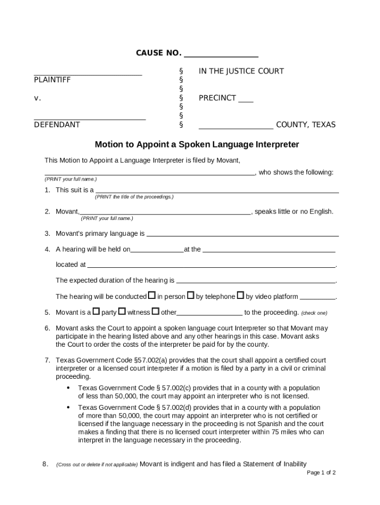 Motion to Appoint a Spoken Language Interpreter Doc Template | pdfFiller