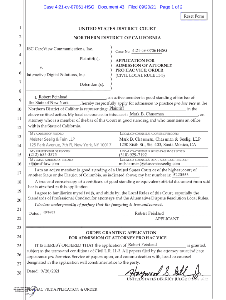 Fillable Online Application for Admission of Attorney Pro Hac Vice Fax ...