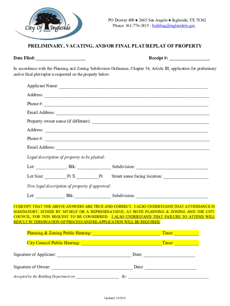 Fillable Online Application for Plat/replat of Property Fax Email Print ...