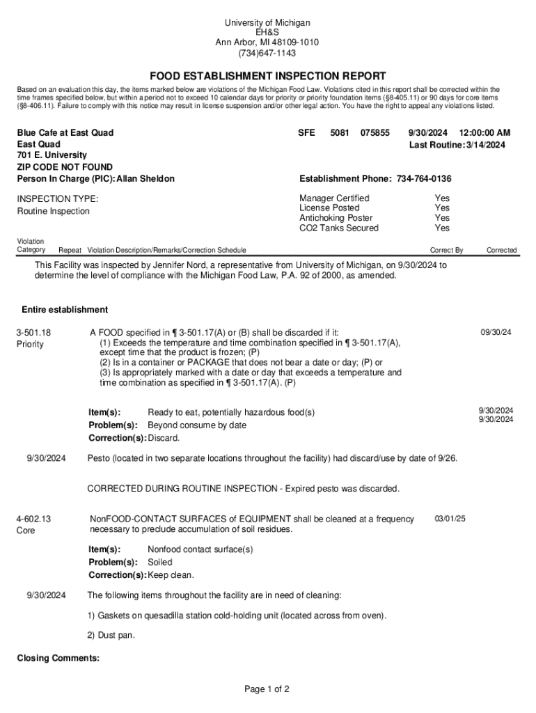 Fillable Online Food Establishment Inspection Report - Blue Cafe at ...