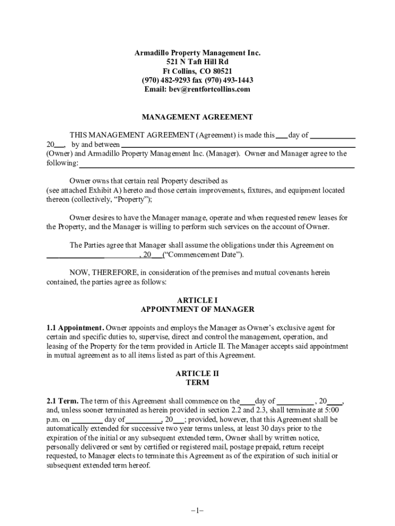 Fillable Online Management Agreement Between Armadillo Property ...