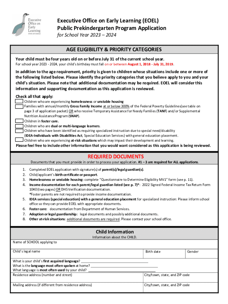 Fillable Online Eoel Public Prekindergarten Program Application for ...