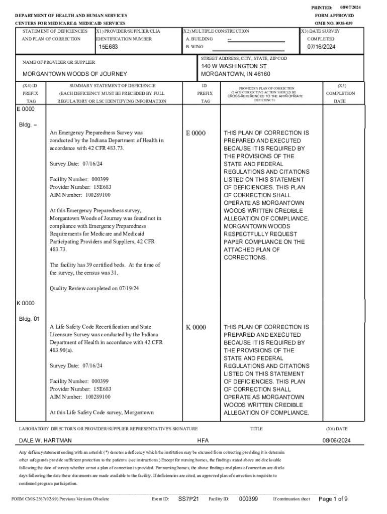 Fillable Online Statement of Deficiencies and Plan of Correction Fax ...