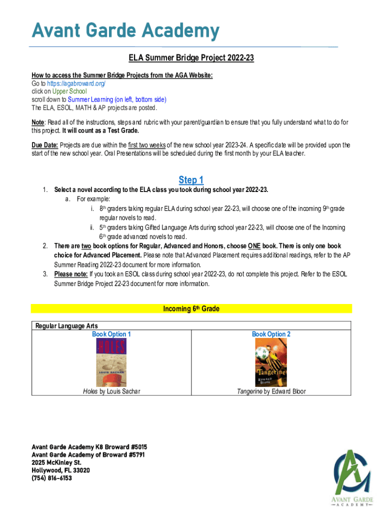Fillable Online Avant Garde Academy Ela Summer Bridge Project Fax Email ...