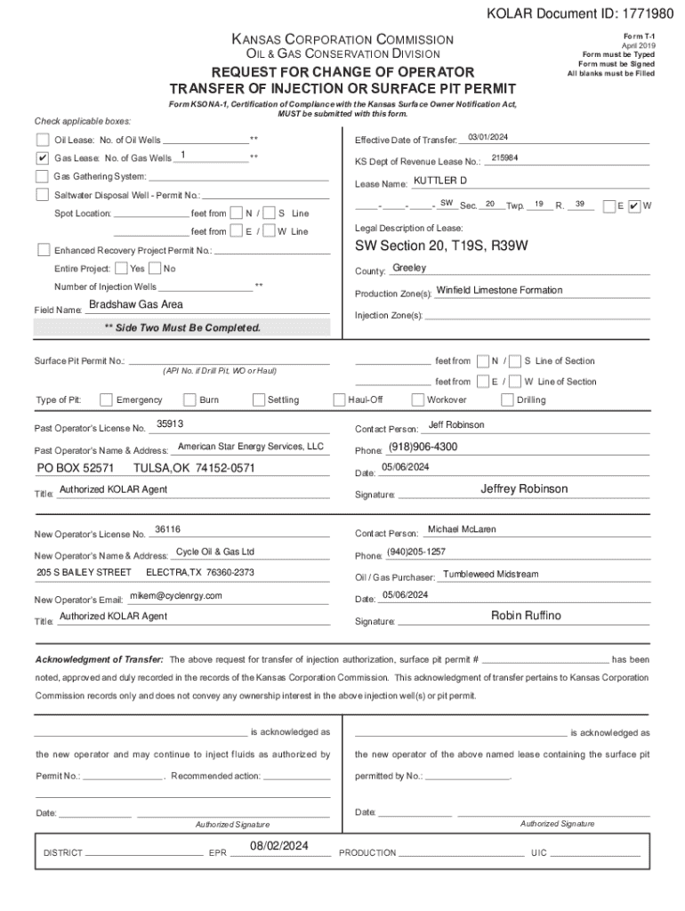 Fillable Online Request for Change of Operator Transfer of Injection or ...