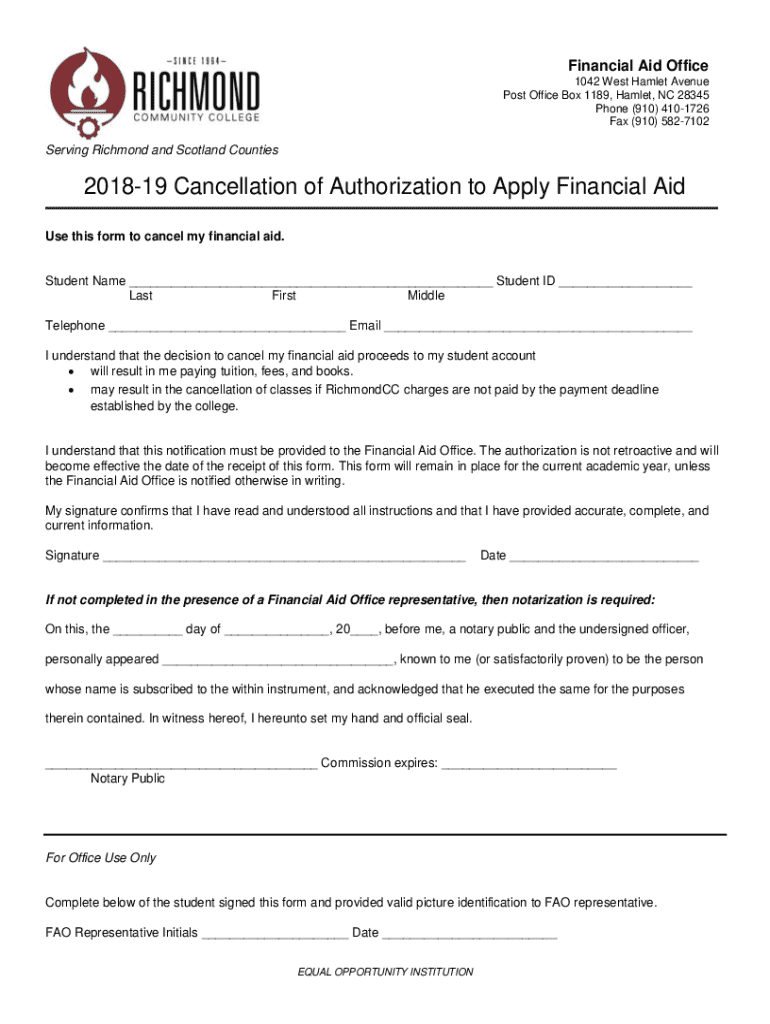 Fillable Online Cancellation of Financial Aid Authorization Fax Email ...