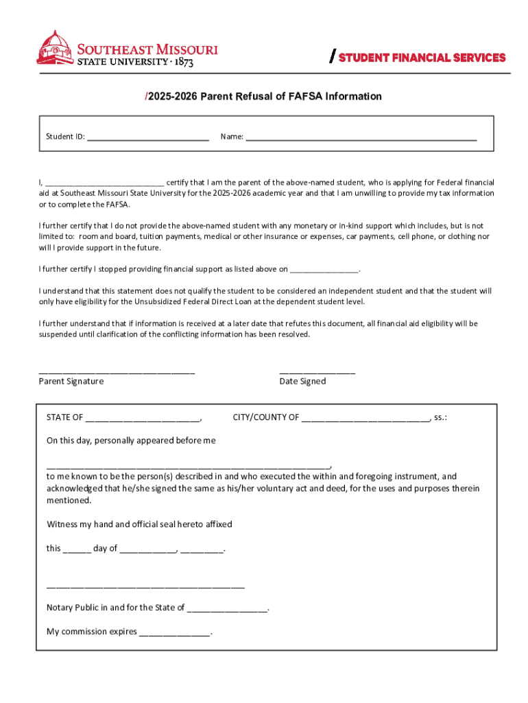 Fillable Online Parent Refusal of Fafsa Information for 2025-2026 Fax Email Print - pdfFiller