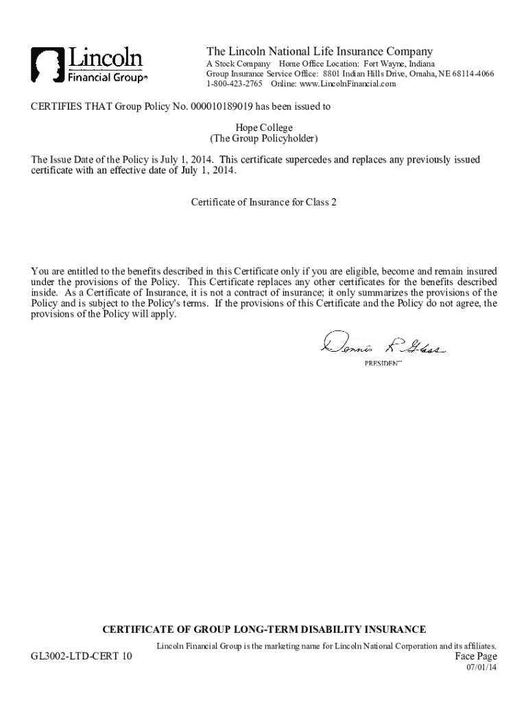 Fillable Online Certificate of Group Long-term Disability Insurance Fax ...