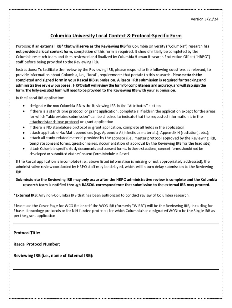 Fillable Online Columbia University Local Context & Protocol‐specific ...