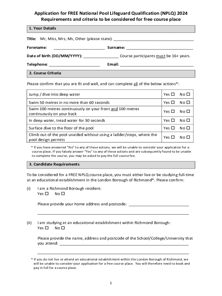 Fillable Online Application for Free Nplq Course Fax Email Print ...
