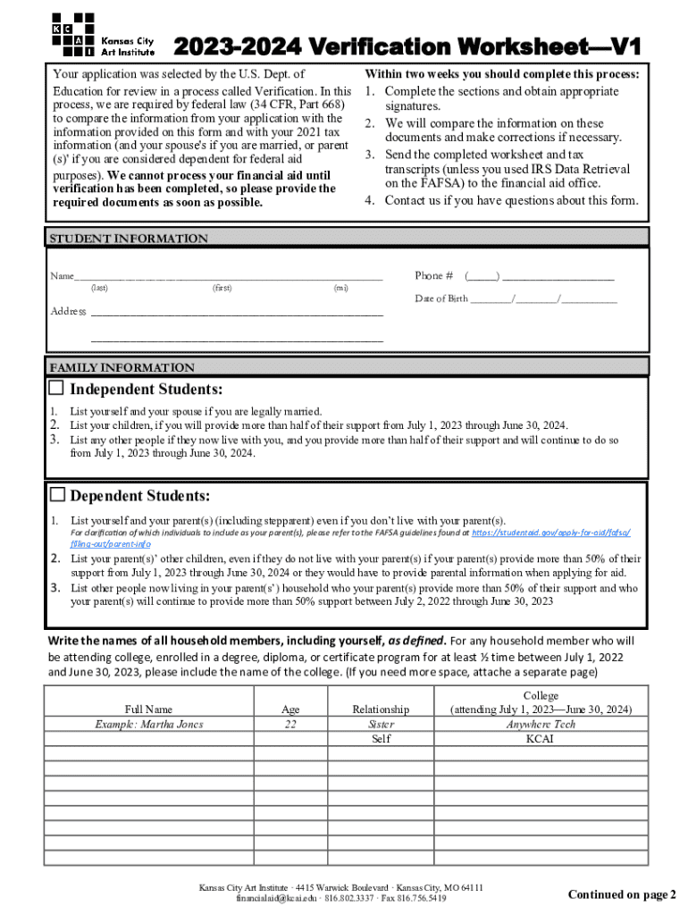 Fillable Online 2023-2024 Verification Worksheet Fax Email Print - pdfFiller