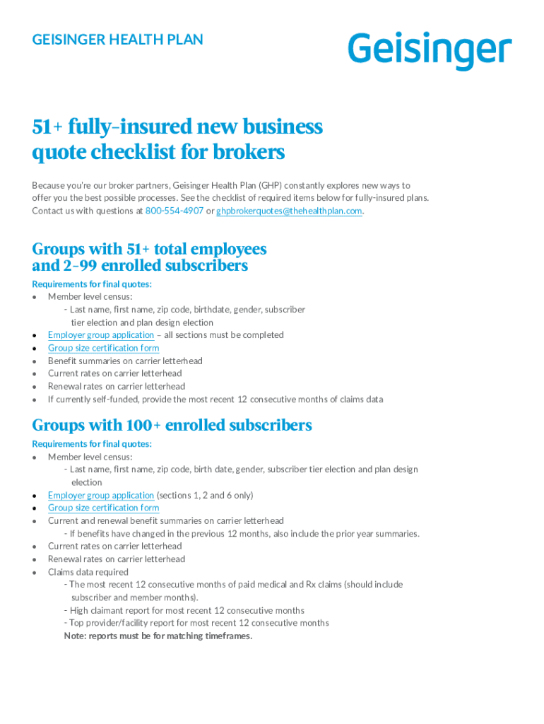 Fillable Online Geisinger Health Plan Quote Checklist Fax Email Print ...